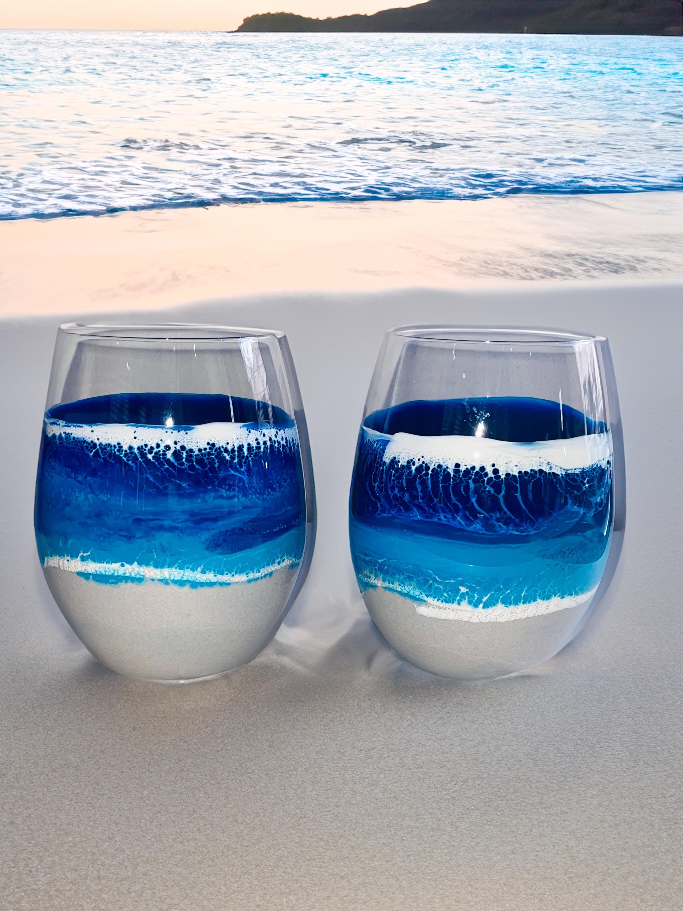 Handcrafted Ocean Resin Wine Glasses: Coastal Beach Barware, Set of 2 ...