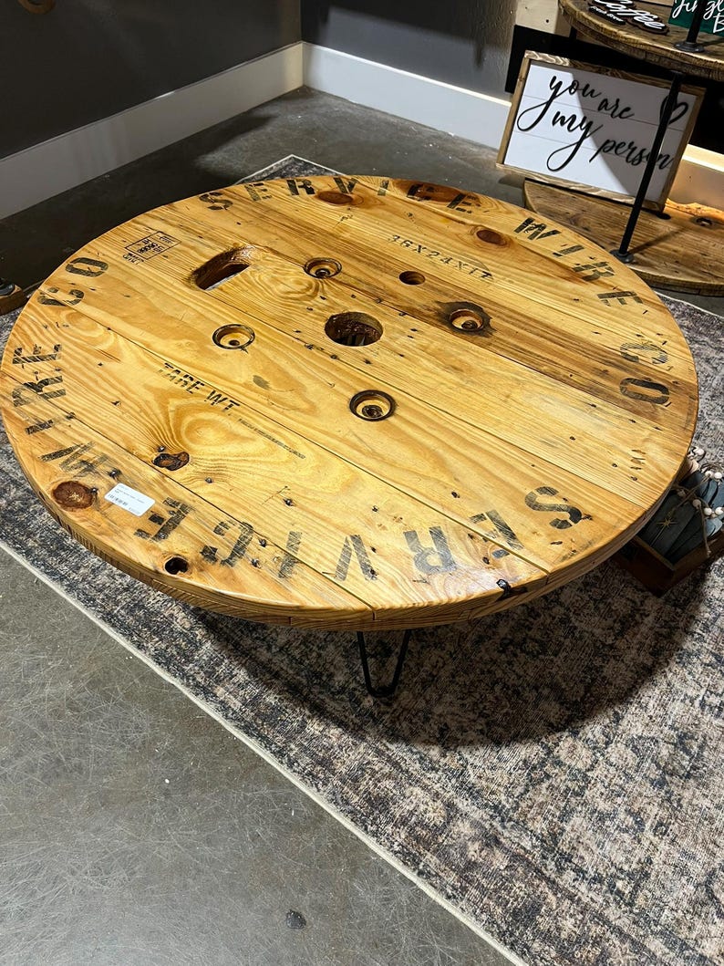 Recycled Wire Spool Table With Iron Pipe Base, Reclaimed Wood Table ...