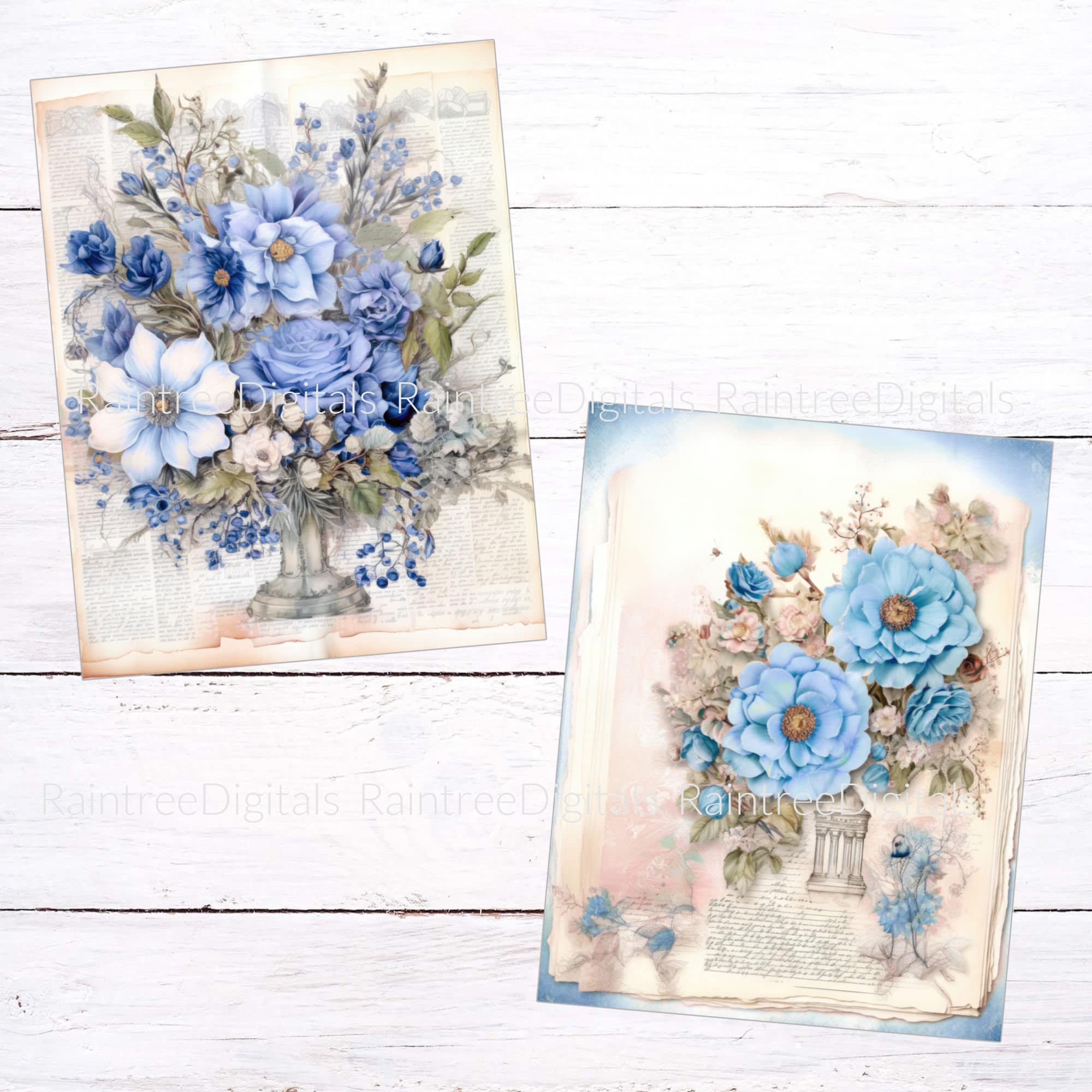 Printable Blue Winter Flowers Digital Paper Ephemera JPG Images for ...