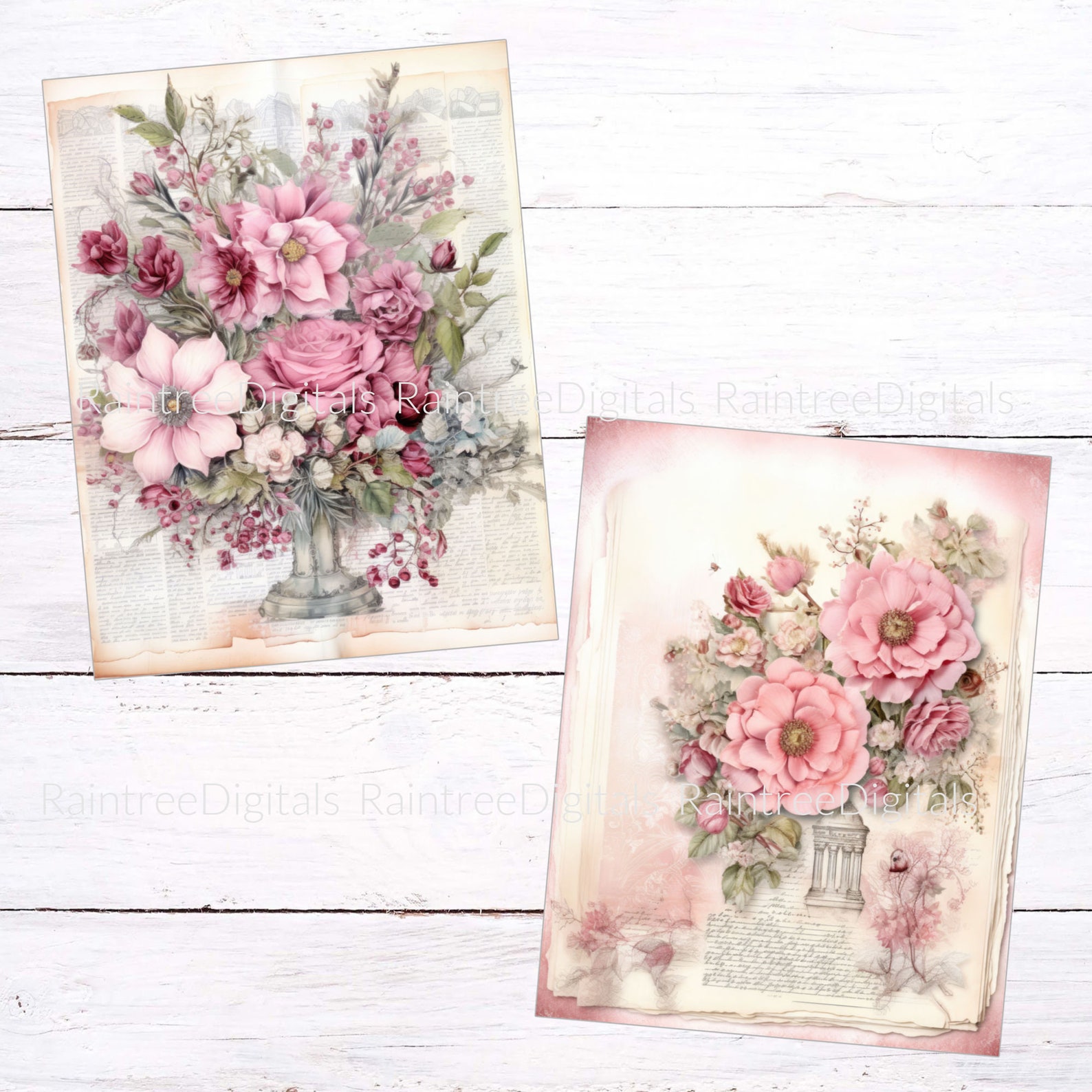 Printable Pink Winter Flowers Digital Paper Ephemera JPG Images for ...