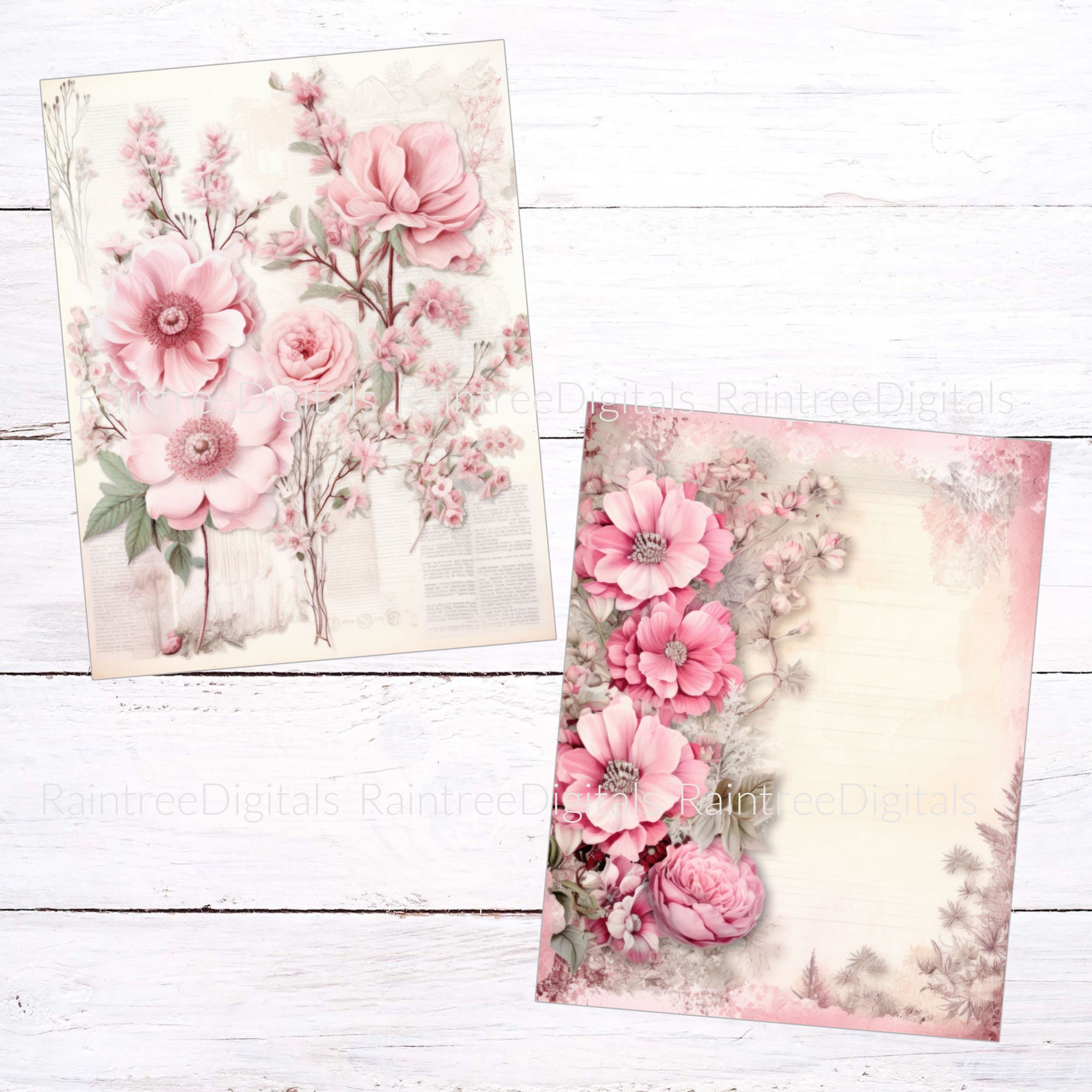 Printable Pink Winter Flowers Digital Paper Ephemera JPG Images for ...