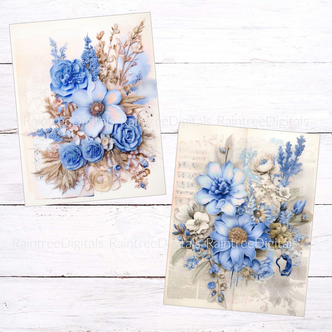 Printable Blue Winter Flowers Digital Paper Ephemera JPG - Etsy