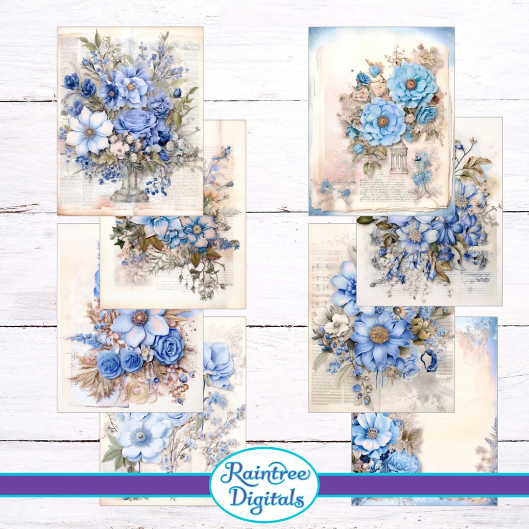 Printable Blue Winter Flowers Digital Paper Ephemera JPG Images for ...
