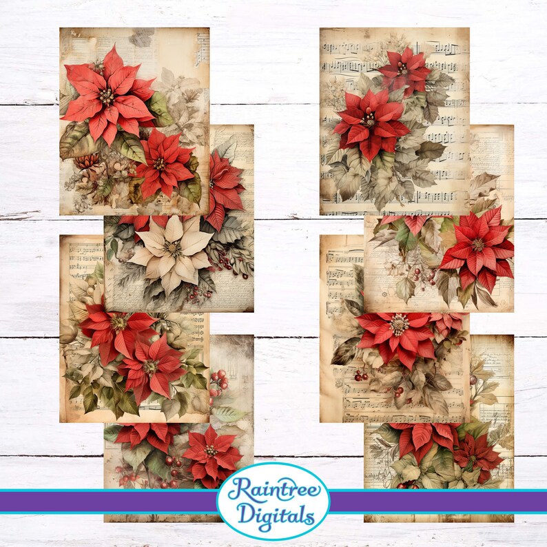 Printable Poinsettias Digital Paper Distressed Vintage - Etsy