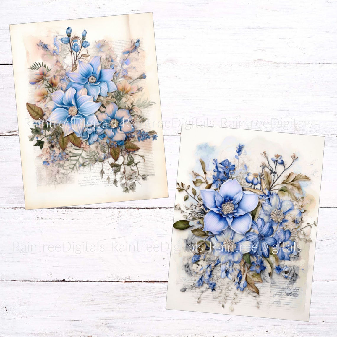 Printable Blue Winter Flowers Digital Paper Ephemera JPG - Etsy