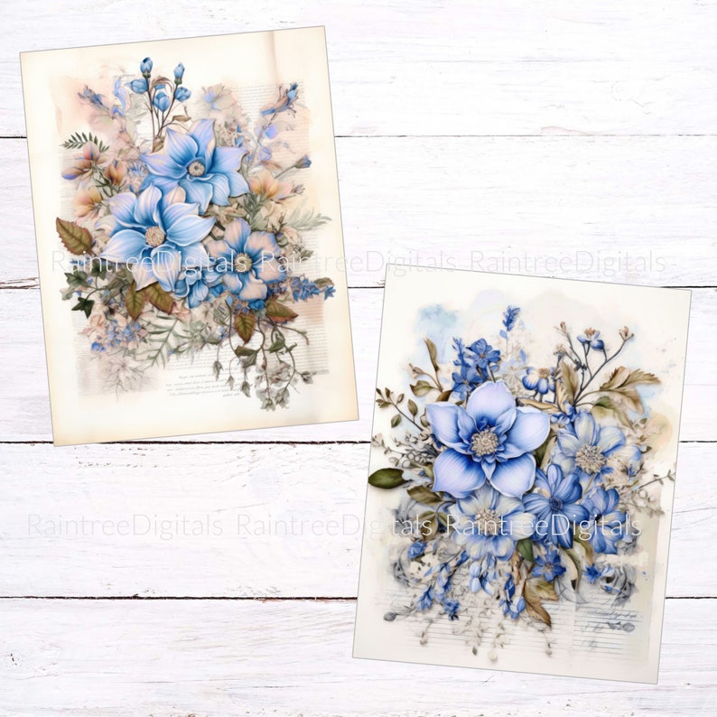 Printable Blue Winter Flowers Digital Paper Ephemera JPG Images for ...