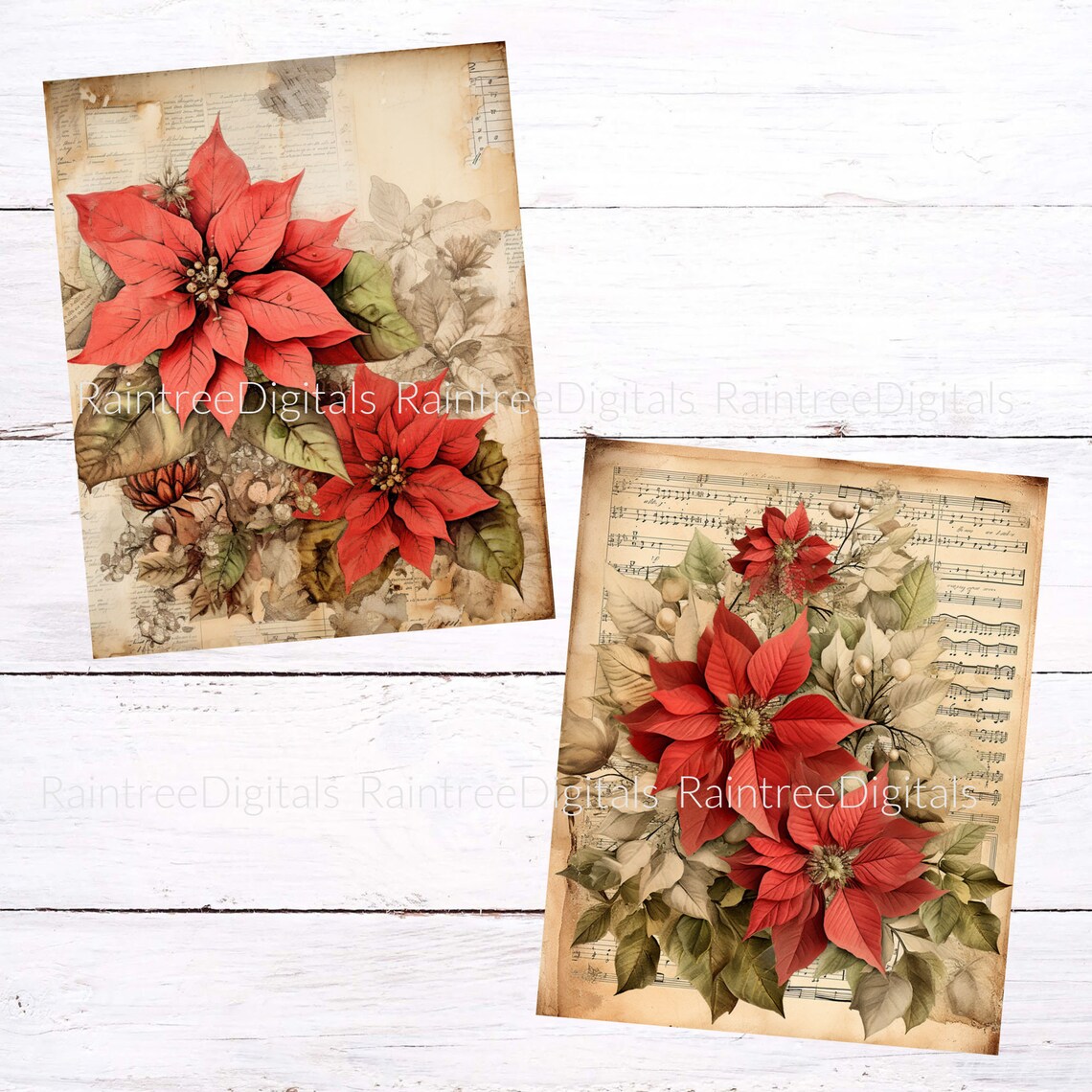 Printable Poinsettias Digital Paper Distressed Vintage - Etsy