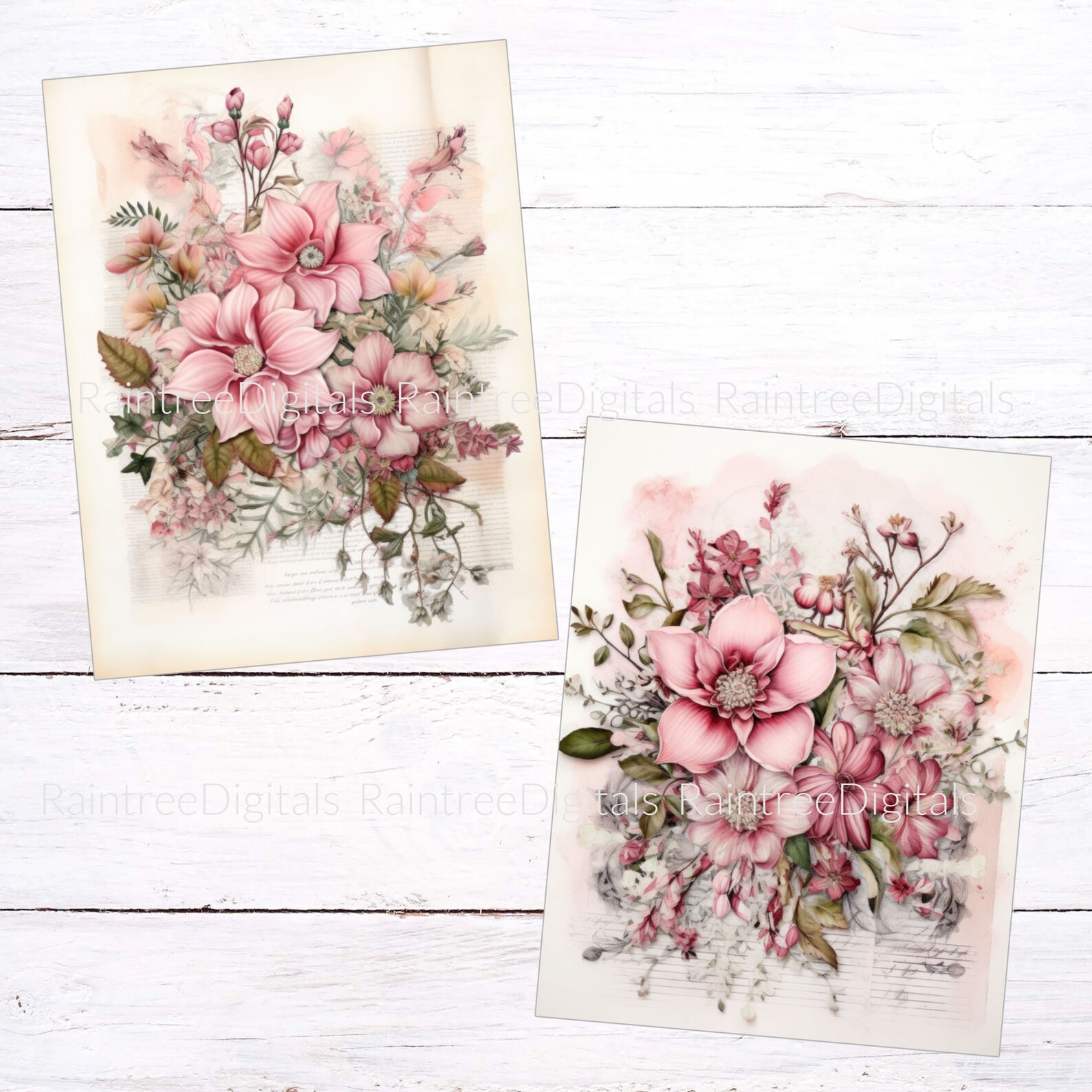 Printable Pink Winter Flowers Digital Paper Ephemera JPG Images for ...