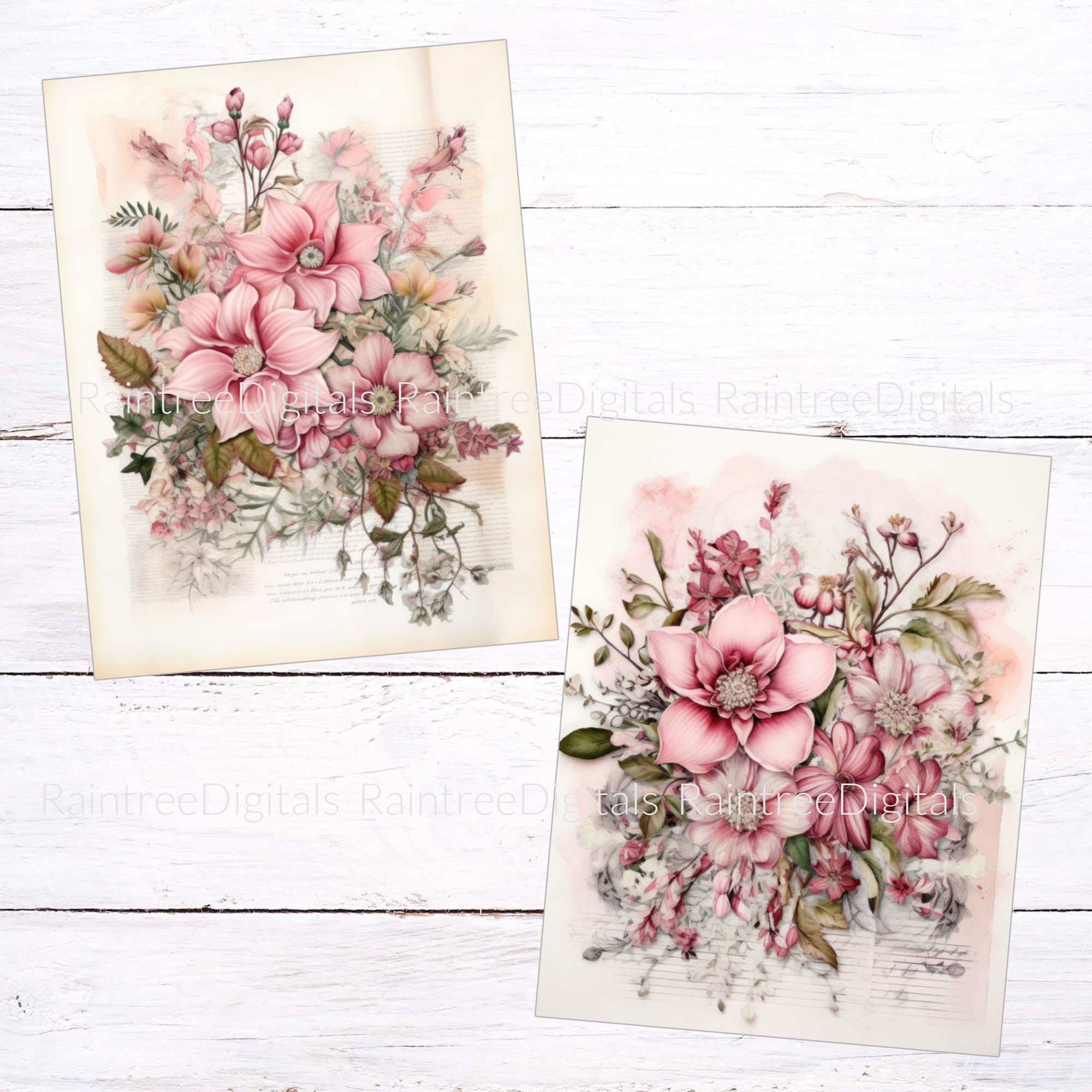 Printable Pink Winter Flowers Digital Paper Ephemera JPG Images for ...