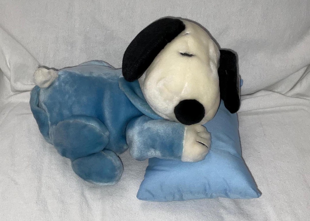 Peanuts Plush 12” Sleeping Baby Snoopy in Blue Pajamas on Blue Pillow ...