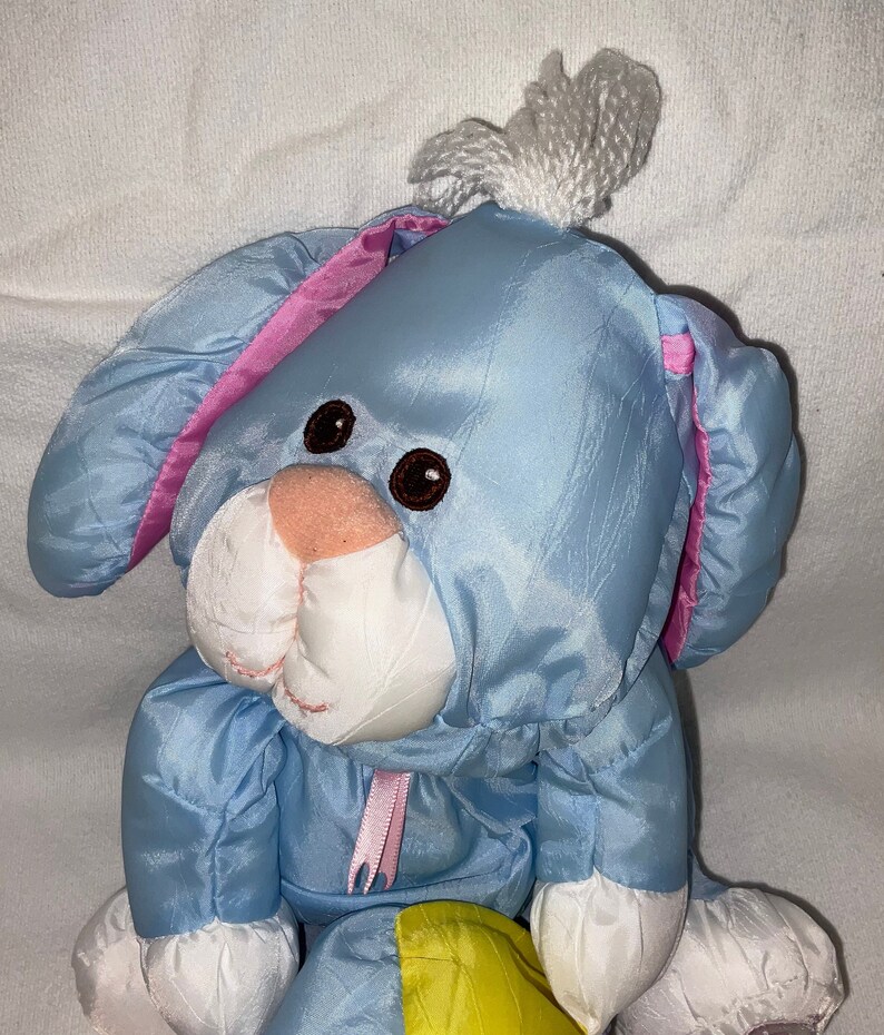 Vintage 1988 Fisher Price Puffalumps 10" Blue Easter Bunny Holding ...