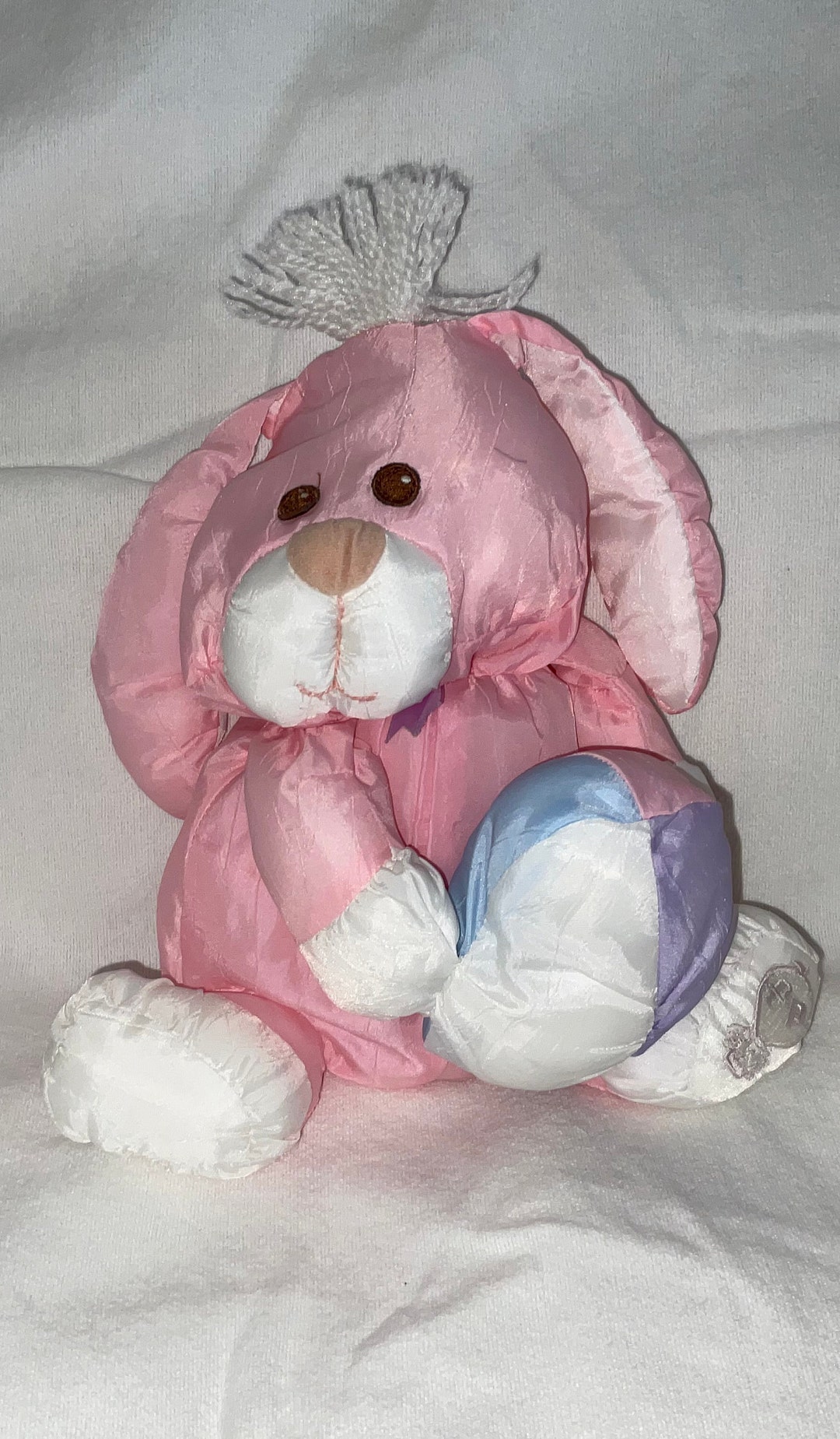 Vintage 1988 Fisher Price Puffalumps 10" Pink Easter Bunny Holding ...