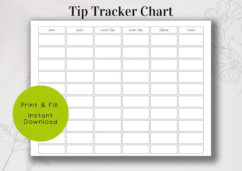 Tip Tracker Chart Printable Fillable and Print and Write, Restaurant ...