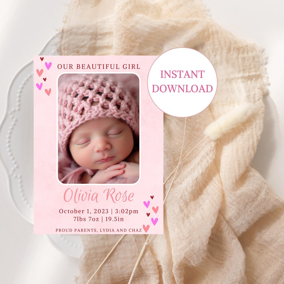 Girl Birth Announcement Printable Baby Girl Birth Stats - Etsy