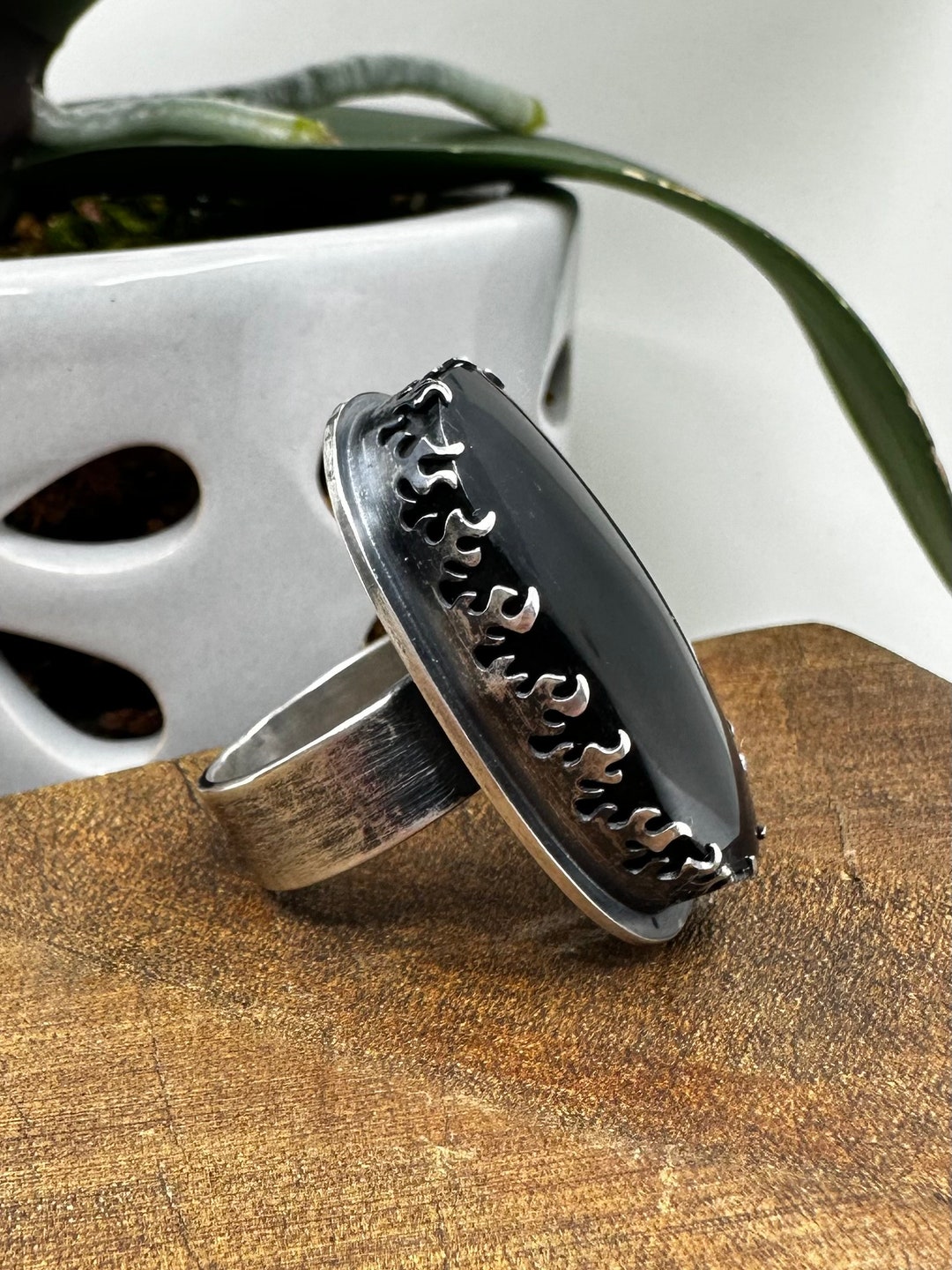 Large Oval Fossilized Palm Root Ring With FLAME BEZEL in Sterling ...