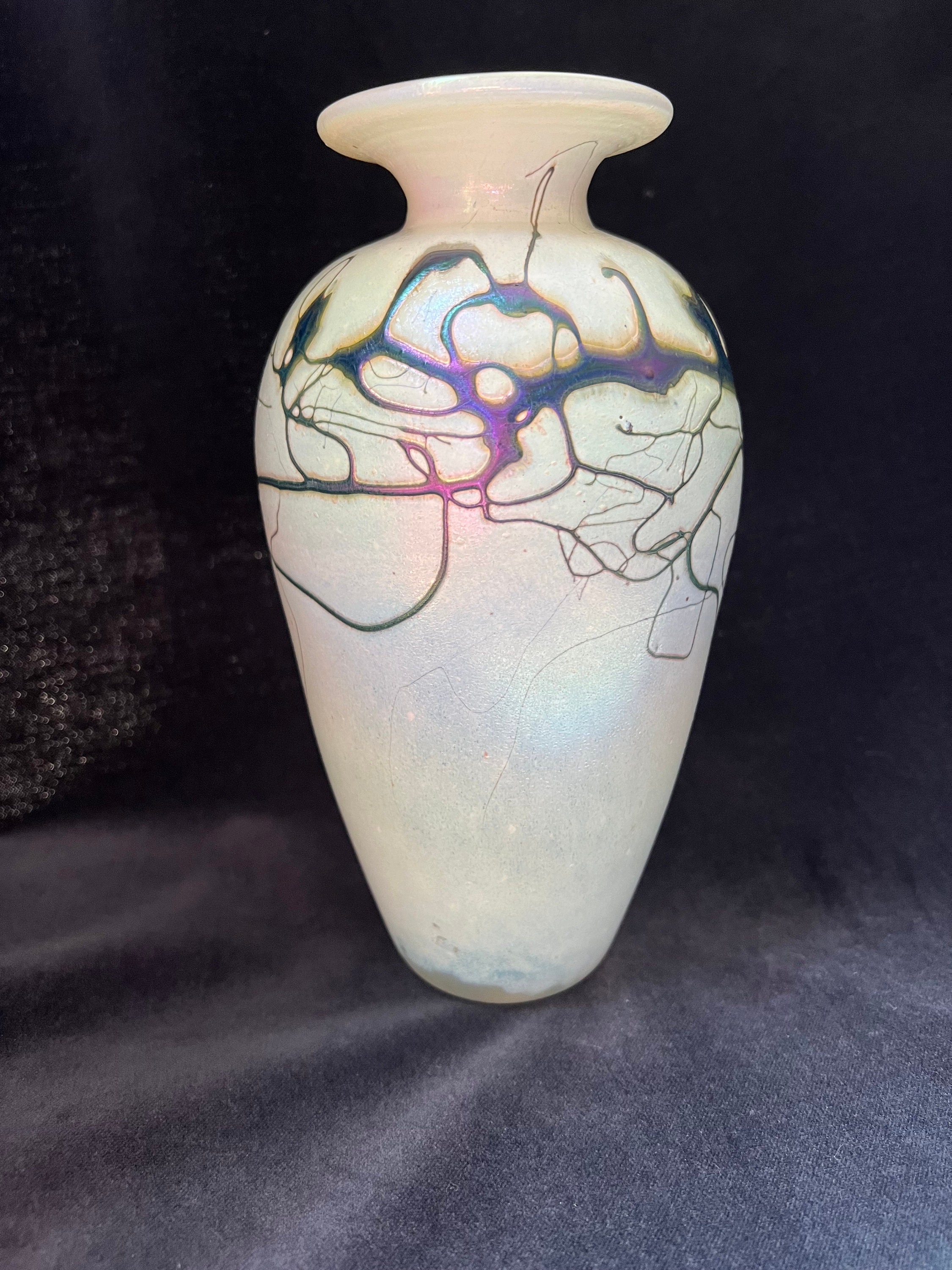 SIGNED Hand Blown Robert Held Art Glass Vase White Iridescent With ...