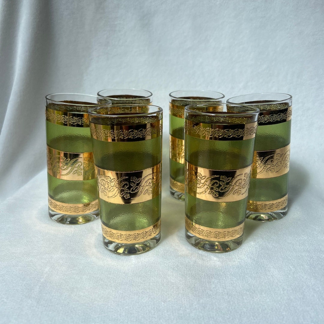 Vintage Starlyte Highball Glasses - Textured Green Glass and 22k Gold ...