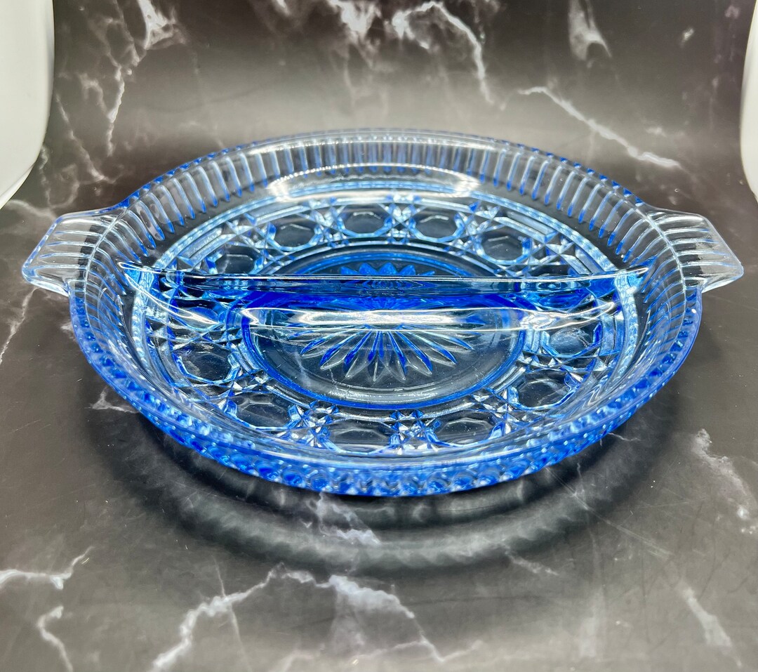 Indiana Glass Blue Windsor Cane and Button Pattern Divided Dish ...