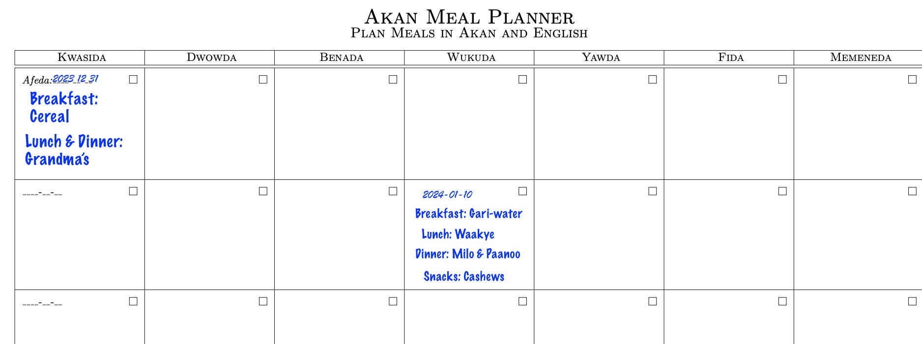 Printable Meal Plan in Akan - Etsy