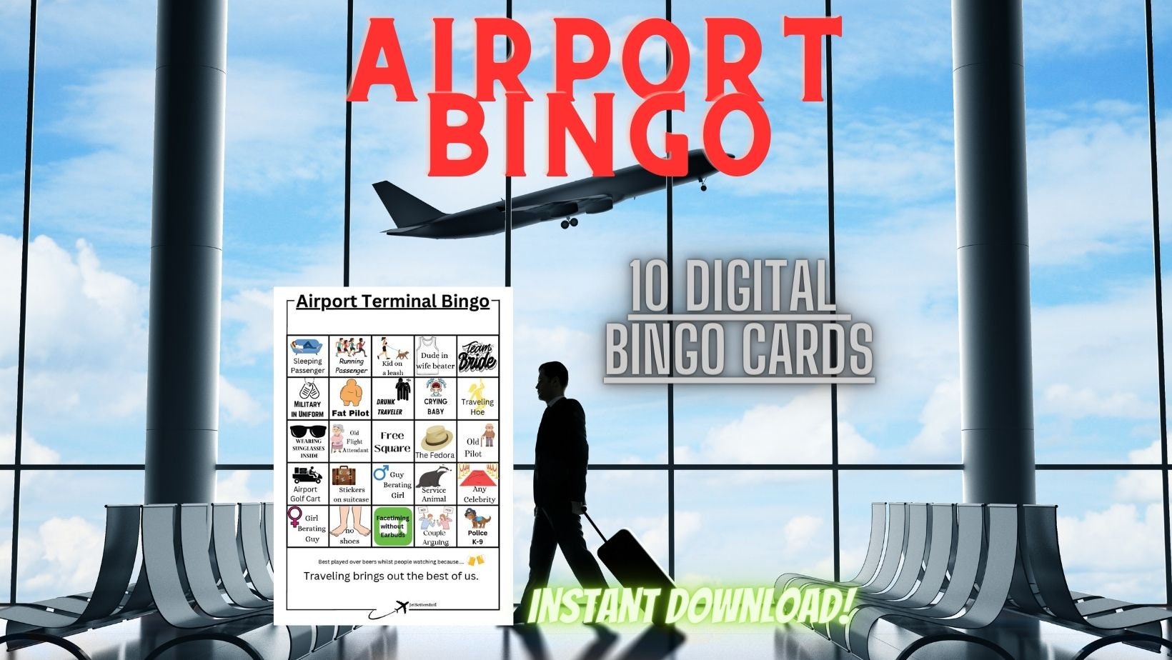Airport Bingo, 10 Digital Download Bingo Cards. Airport, Travel Games ...