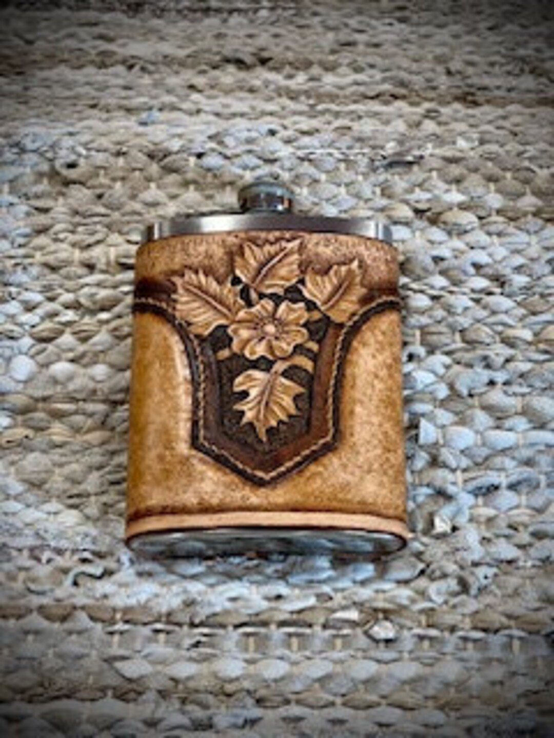Tooled Leather Surrounding a Flask. Top Grain Leather Stainless Steel ...