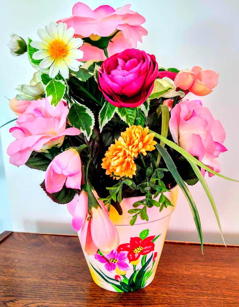 Small Floral Arrangement. Colorful Silk Florals in a White Ceramic ...
