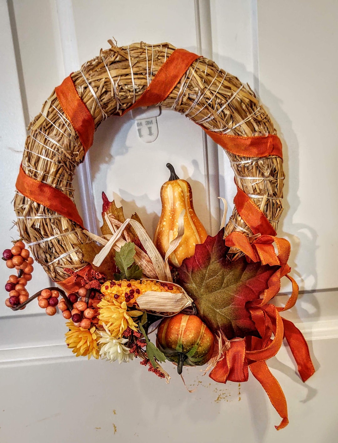 Fall Floral Wreath. Stunning Fall Colors. 14" Straw Wreath With Gourds ...
