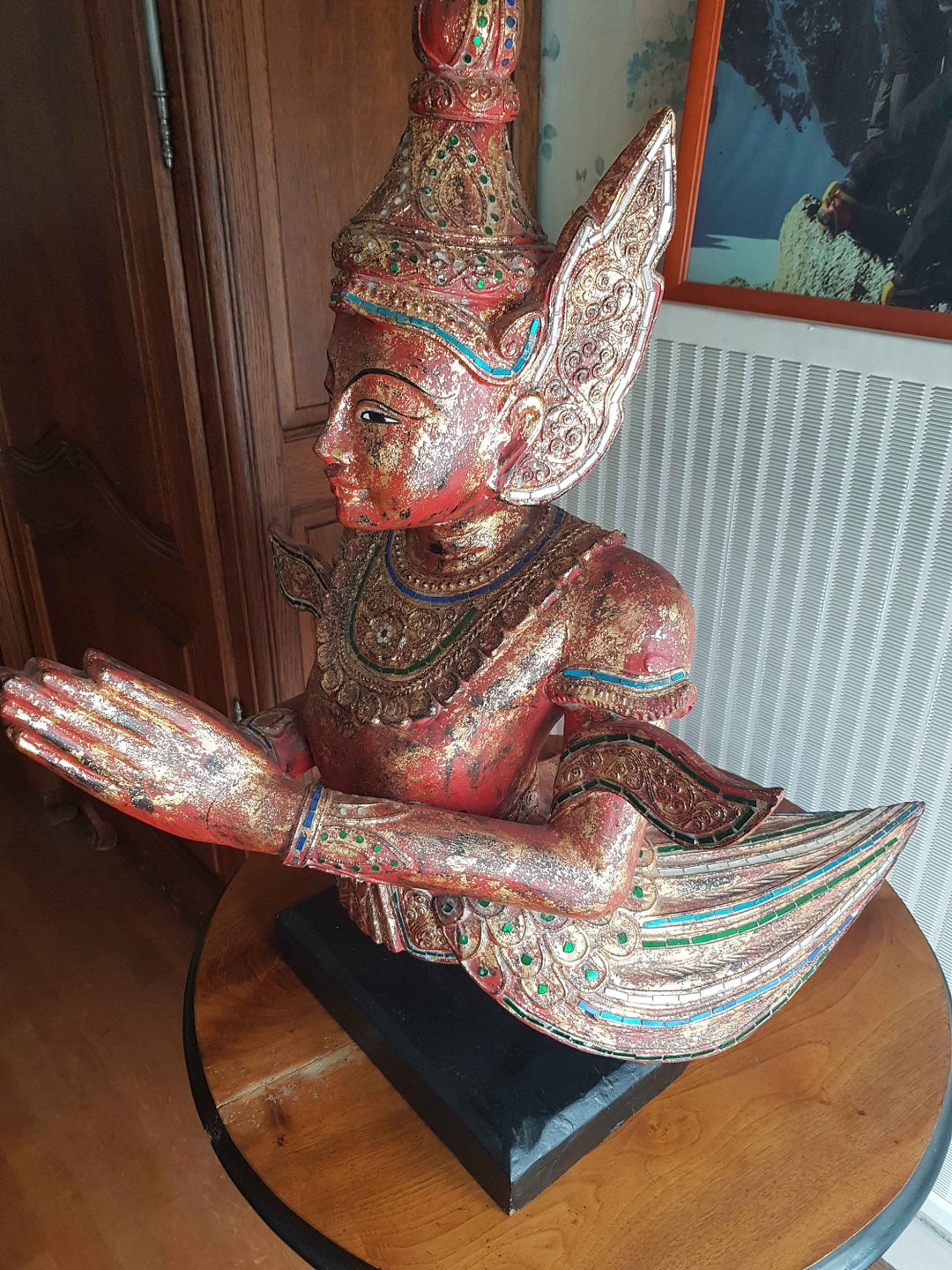 Asian Winged Statue in Prayer and in Wood Polychrome on a - Etsy