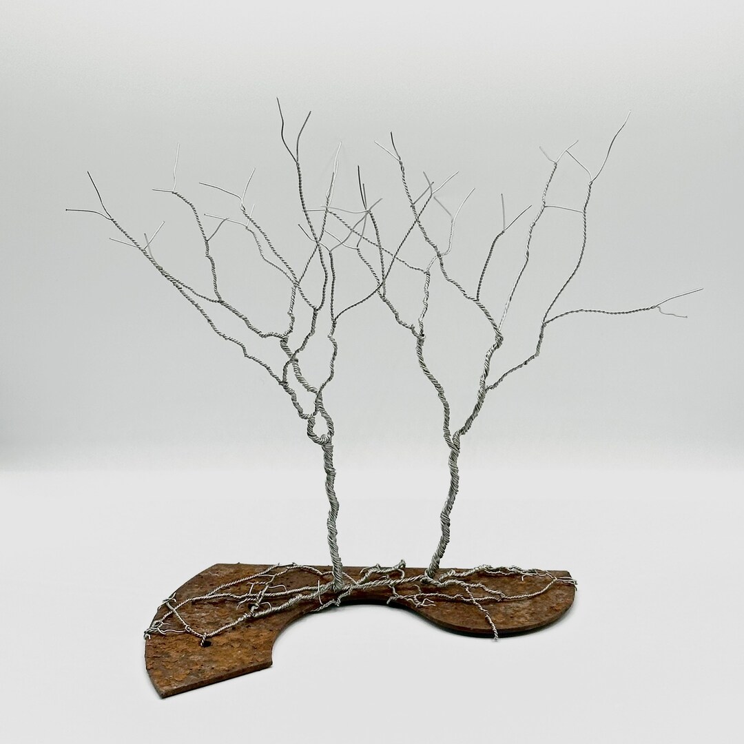 Handcrafted Silver Wire Tree Sculpture Pair With Rooted Rusted Recycled ...