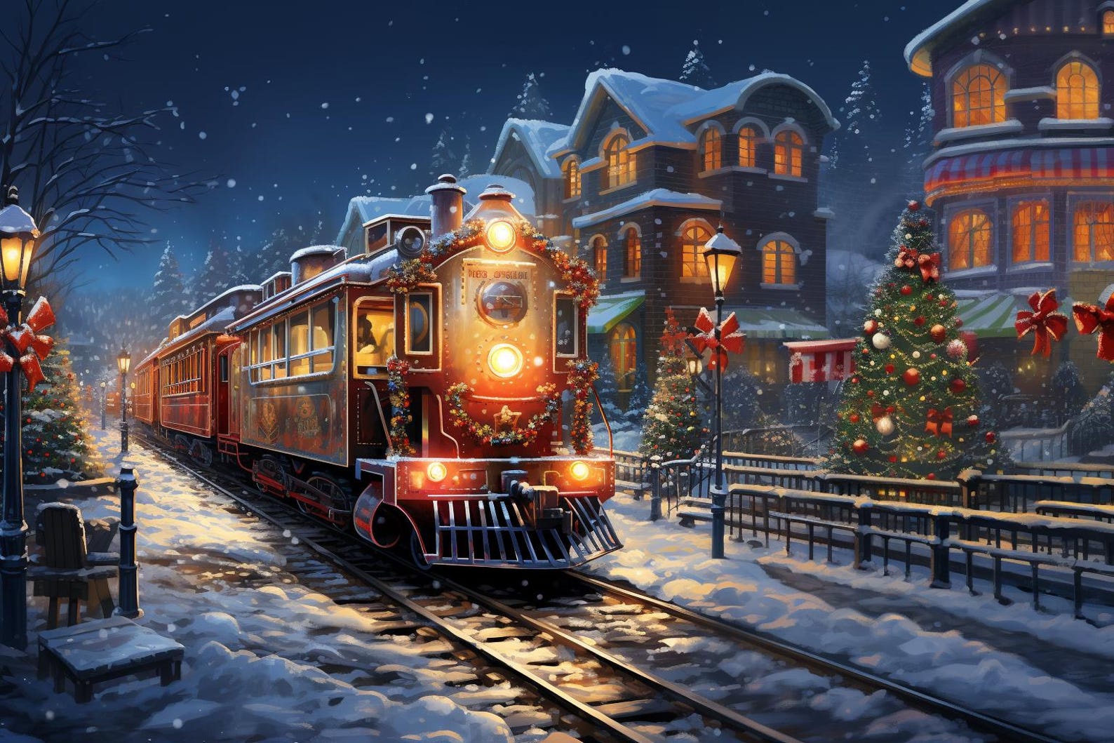 Christmas Train Riding Through Snow Covered Town - Christmas Scenery ...