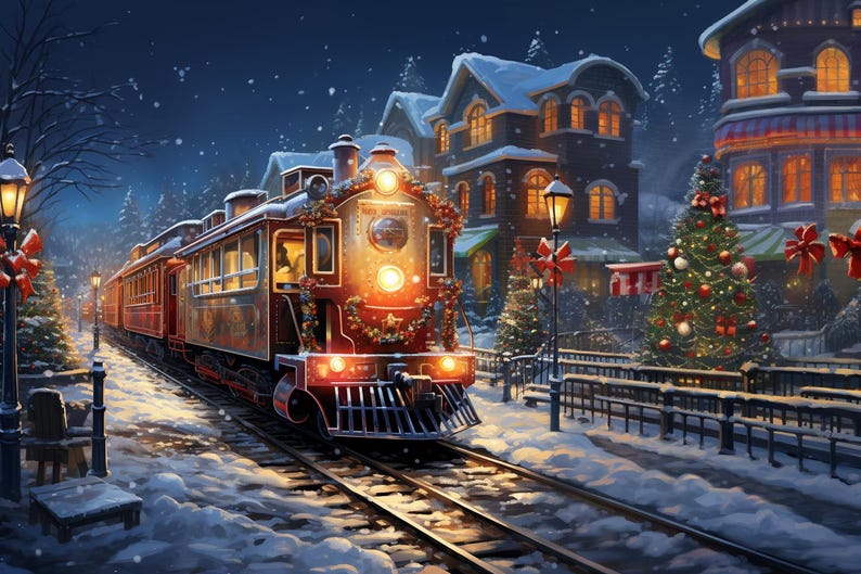 Christmas Train Riding Through Snow Covered Town - Christmas Scenery ...