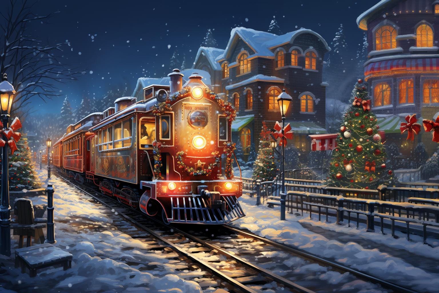 Christmas Train Riding Through Snow Covered Town - Christmas Scenery ...
