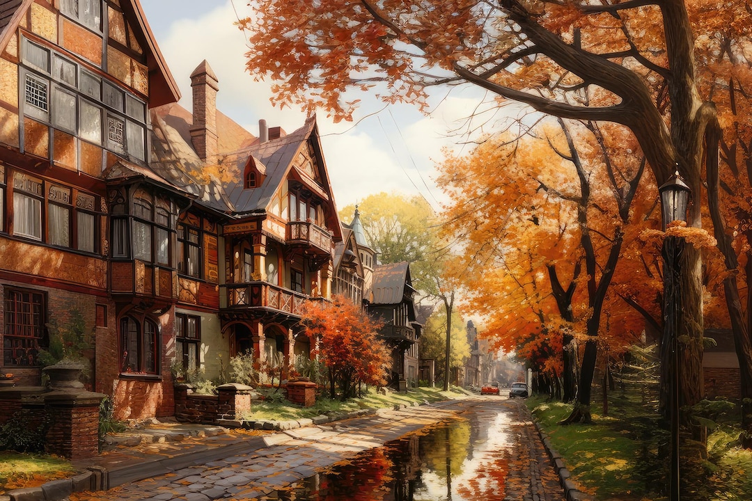 An Autumn Day - Classic Autumn Scene of a Town - Etsy