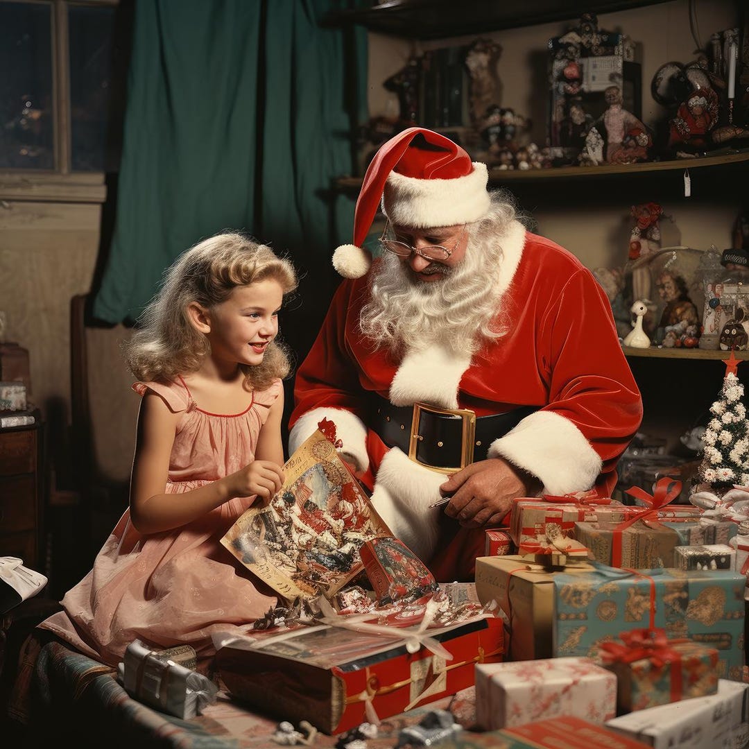 Classic 1950s Christmas Digital Art, Santa and Girl Opening Presents - Etsy