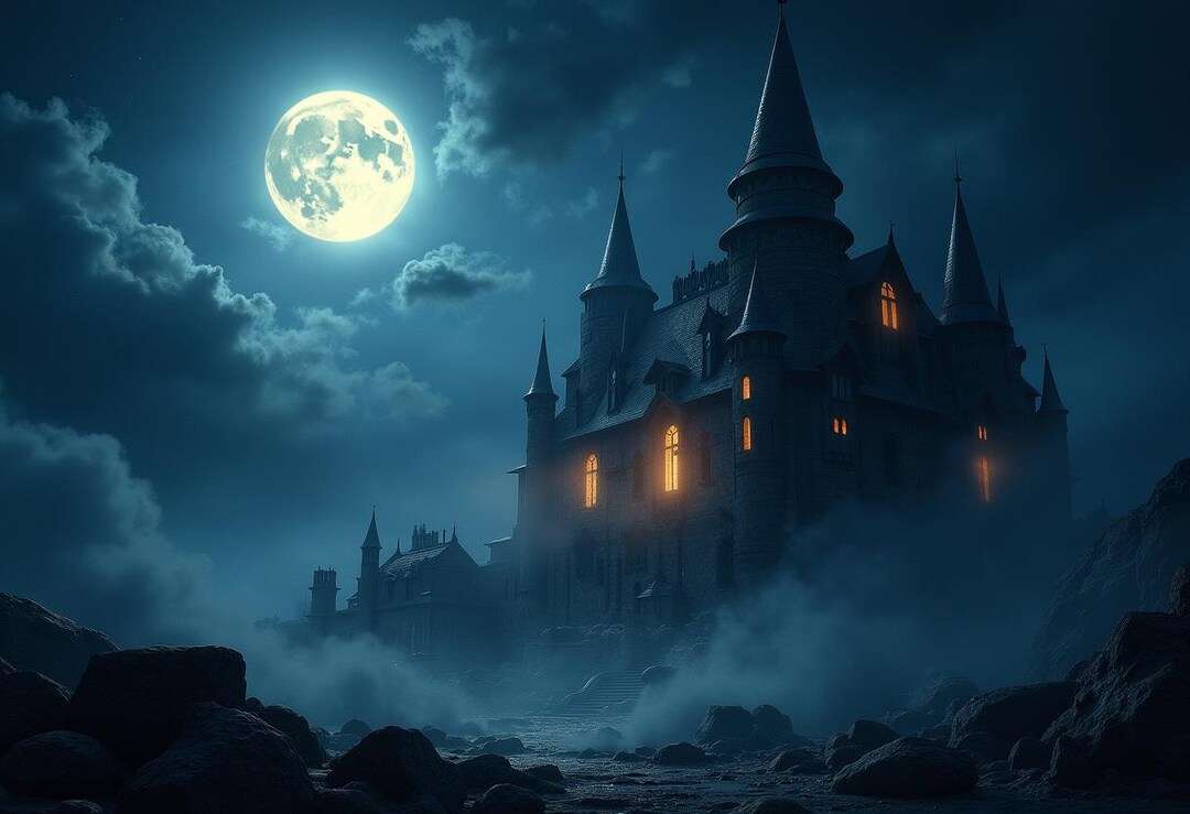 Mystical Midnight Castle With Full Moon - Etsy
