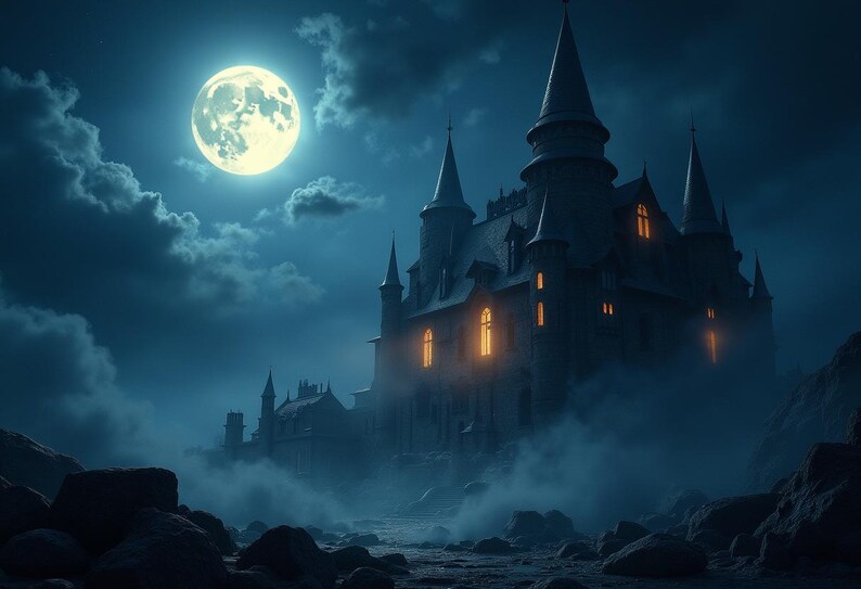 Mystical Midnight Castle With Full Moon - Etsy