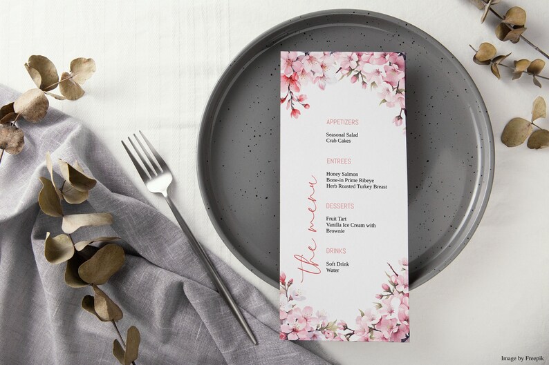 Cherry Blossom Wedding Menu Template, Spring Dinner Menu, Editable ...