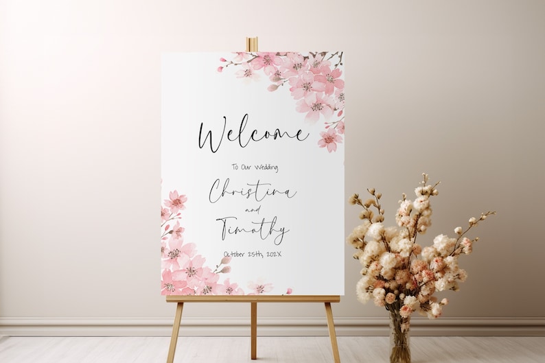Cherry Blossom Wedding Welcome Sign Poster, Pink Floral Welcome Sign ...