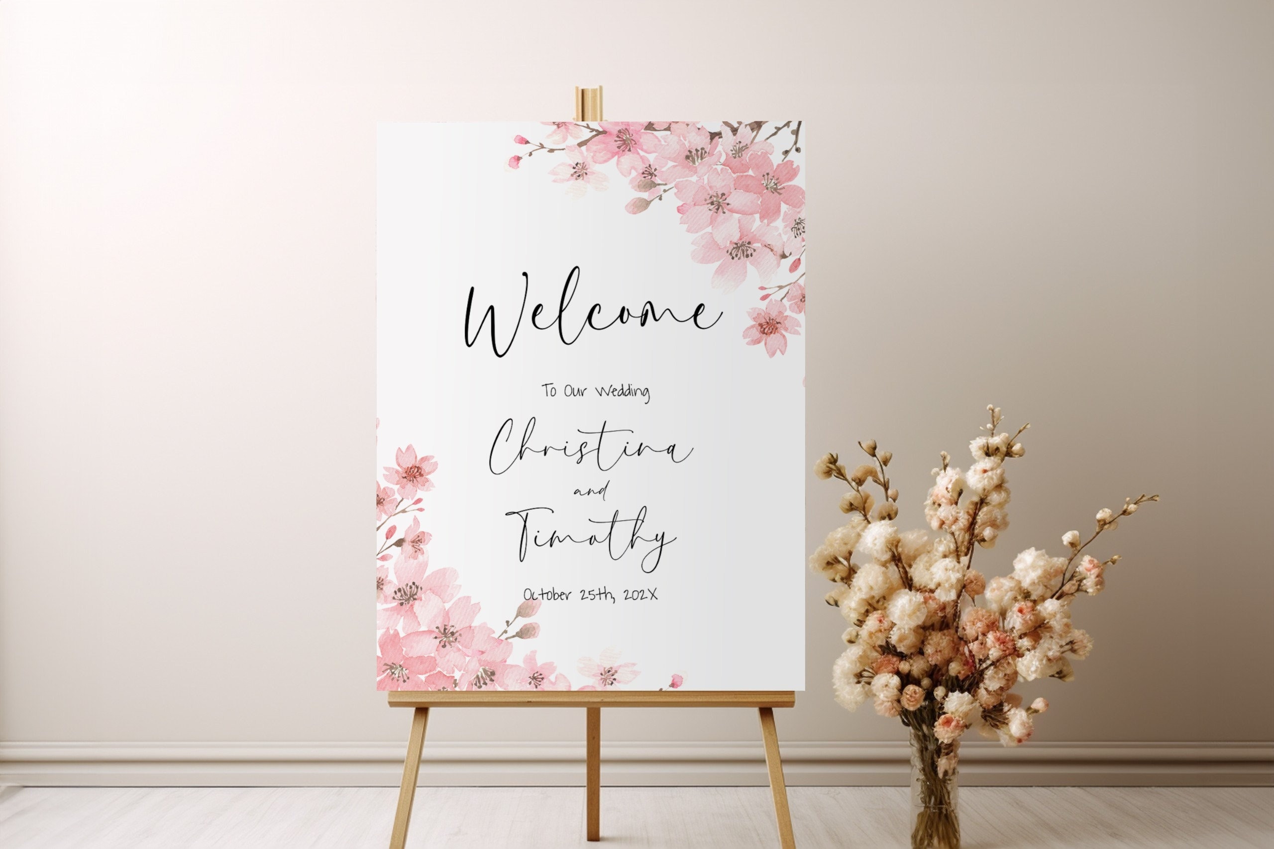 Cherry Blossom Wedding Welcome Sign Poster, Pink Floral Welcome Sign ...