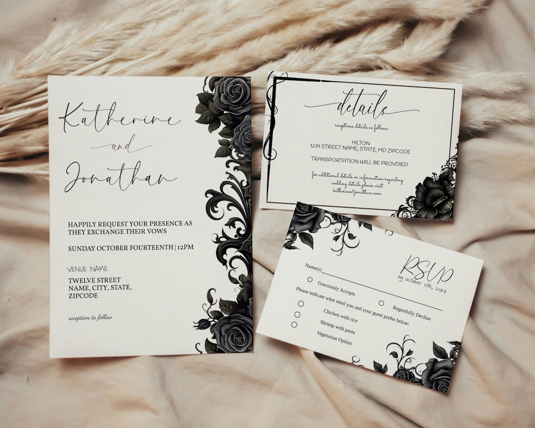 Black Roses Wedding Invitation Template, Gothic Wedding Invite Set ...