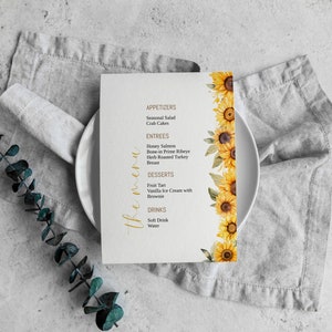 Sunflower Wedding Menu Template, Summer Dinner Menu, Editable Reception ...