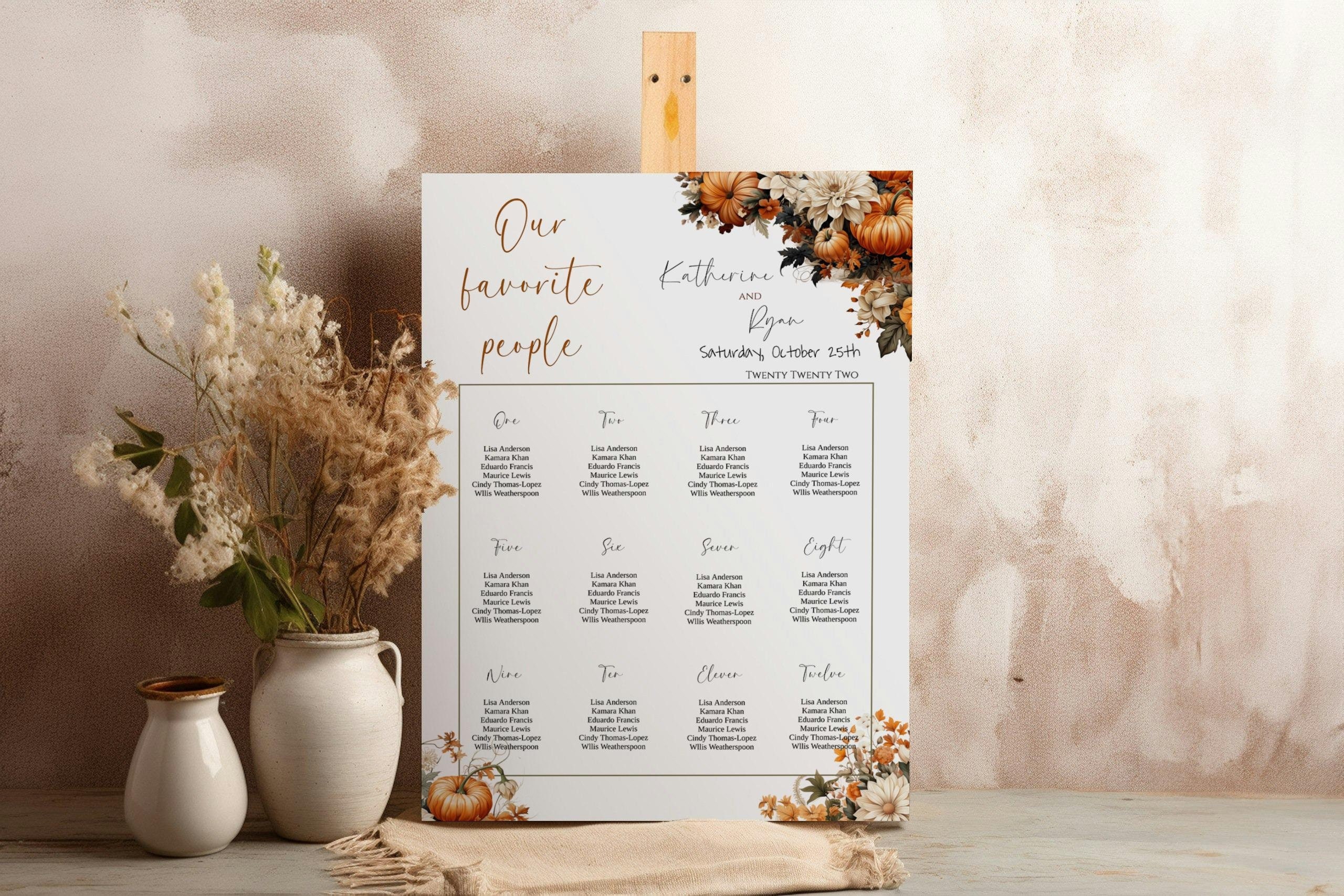 Pumpkin Floral Wedding Seating Chart Poster, Autumn Theme (digital ...