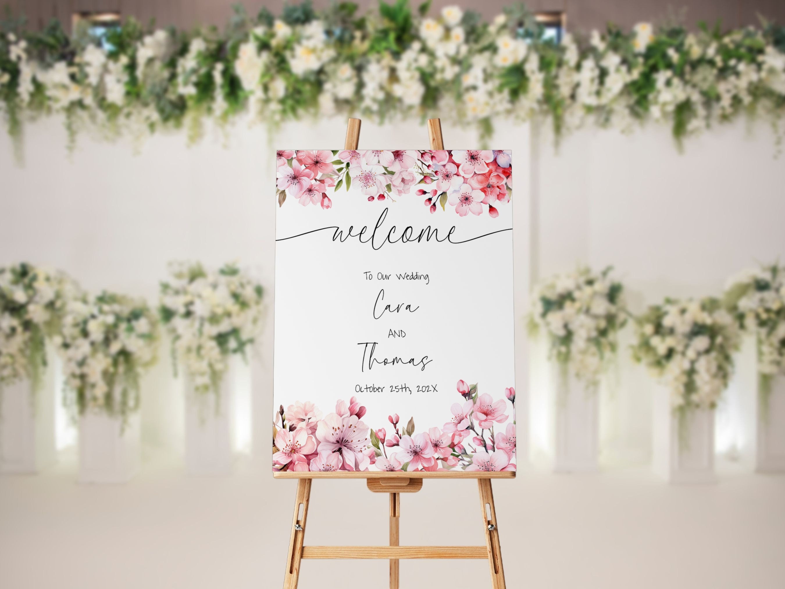 Cherry Blossom Wedding Welcome Sign Poster, Pink Floral Welcome Sign ...
