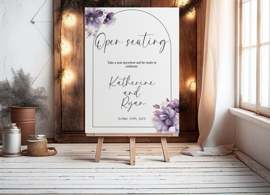 Lilac Floral Wedding Open Seating Sign Poster, Purple Seating Sign ...