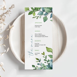 Leafy Wedding Menu Template, Greenery Dinner Menu, Editable Reception ...