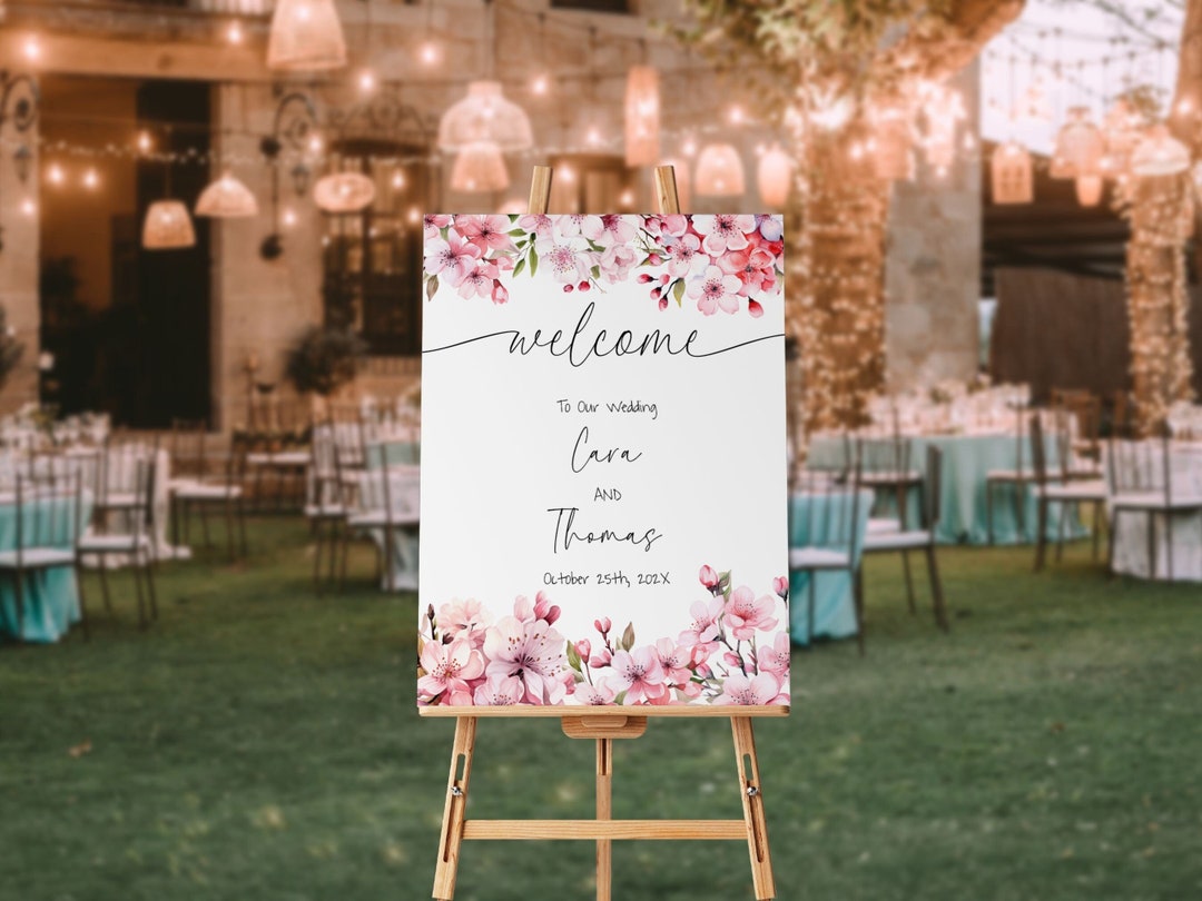 Cherry Blossom Wedding Welcome Sign Poster, Pink Floral Welcome Sign ...