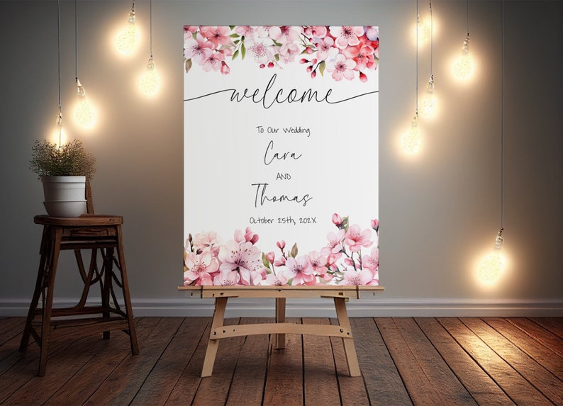 Cherry Blossom Wedding Welcome Sign Poster, Pink Floral Welcome Sign ...