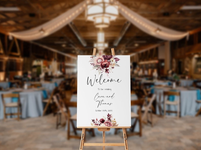 Burgundy Wedding Welcome Sign Poster, Roses Welcome Sign Template ...