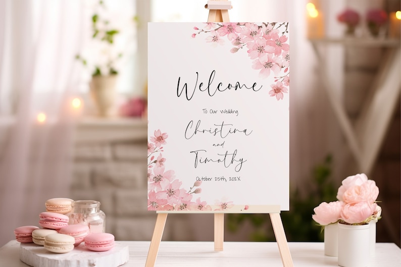 Cherry Blossom Wedding Welcome Sign Poster, Pink Floral Welcome Sign ...