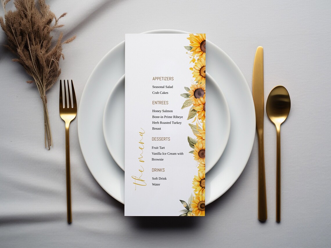 Sunflower Wedding Menu Template, Summer Dinner Menu, Editable Reception ...